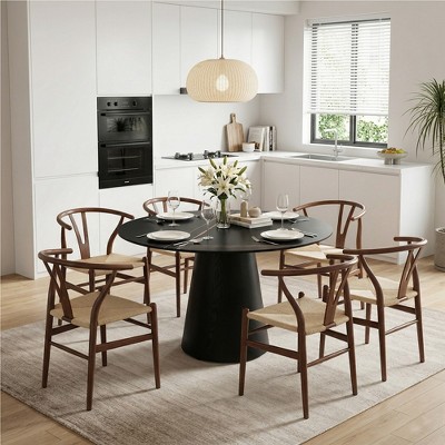 7-Piece Dining Set with 42-Inch Rock Slab Round Table, Six Iron Chairs ...