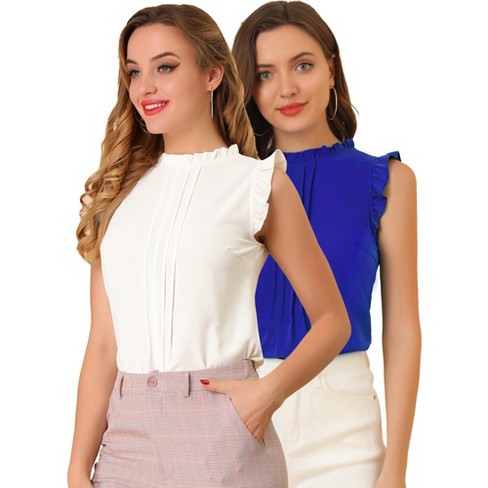 Allegra K Women's Ruffled Crew Neck Office Vintage Sleeveless Blouses 2 ...