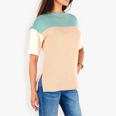 Anna-kaci Women's Color Block Knit Top With Crew Neck And Short Sleeves ...
