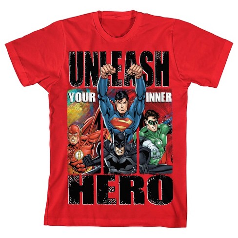 The Justice League Unleash Your Inner Hero Youth Red Graphic Tee-small ...