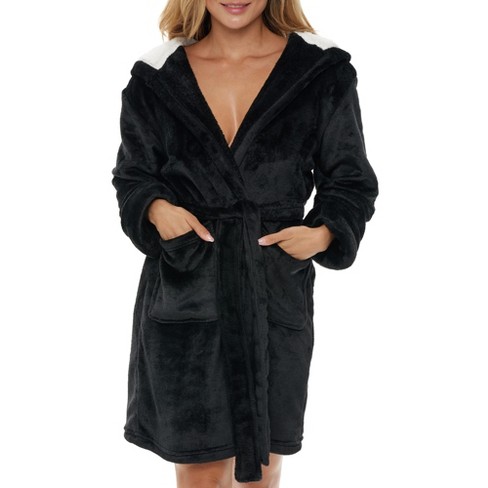 Adr Women's Hooded Plush Velour Robe With Lined Hood, Pockets Black ...