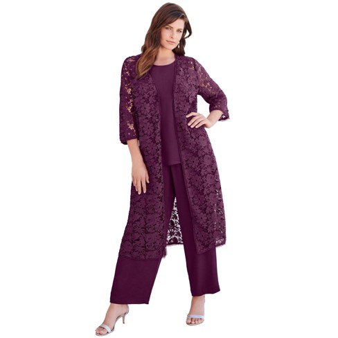 Roaman's Women's Plus Size Three-piece Lace Duster & Pant Suit - 40 W ...