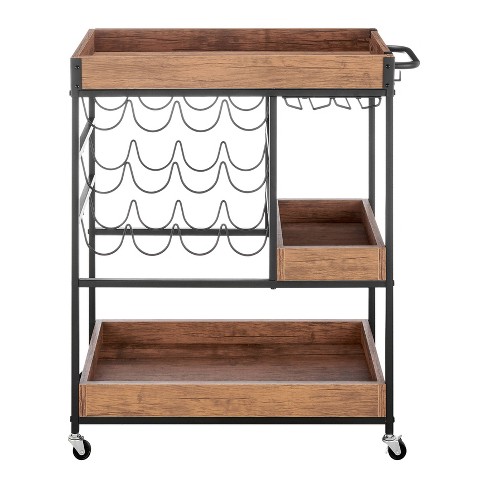 12 Bottle Rustic Walnut Wood And Metal Rolling Farmhouse Style Bar Cart ...