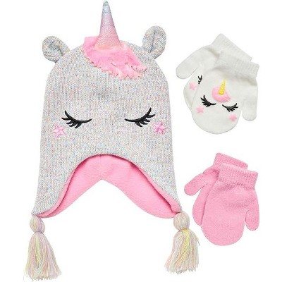 Girls Critter Unicorn Winter Hat And 2 Pair Mittens Set (toddler Ages 2 ...