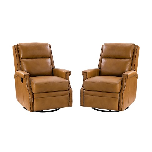 Favonius Genuine Leather Swivel Rocker Recliner With Nailhead Trim For ...