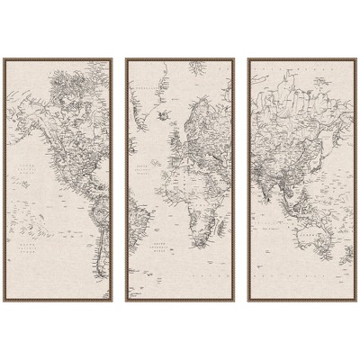 Kate and Laurel Vintage Black and White World Map Linen 3 Piece Framed ...