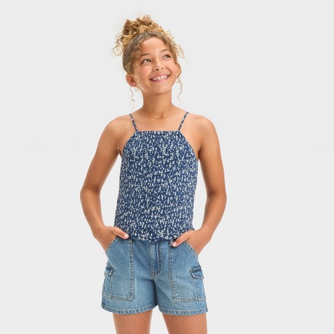 Girls' High Neck Knit Smocked Tank Top - Art Class™ Navy/white Floral L ...