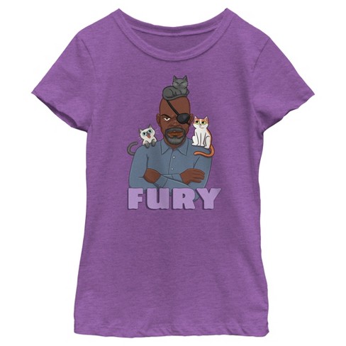 Girl's The Marvels Nick Fury Cat Portrait T-shirt - Purple Berry ...