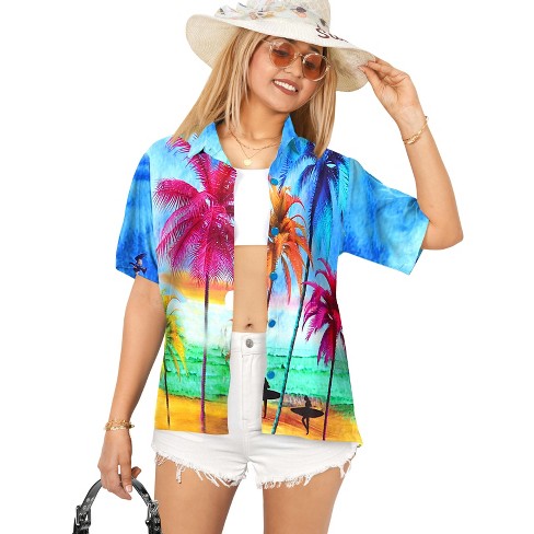 La Leela Women's Button Down Blouses Casual Summer Beach Party Short Sleeve Tropical Vacation ...