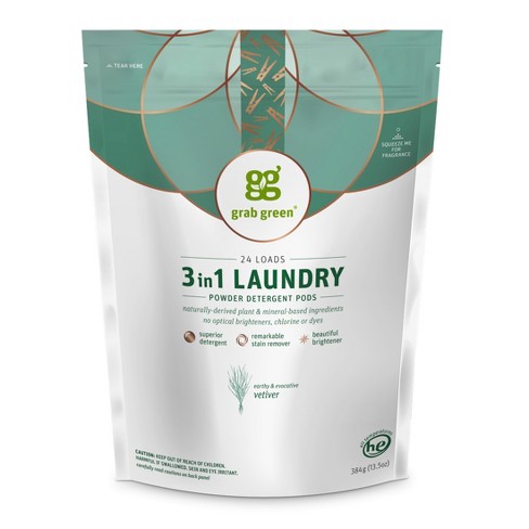 Grab Green 3 In 1 Laundry Detergent Pods, Pouch (24 Pods), Vetiver ...
