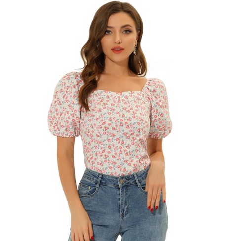 Allegra K Women's Puff Sleeve Square Neck Peasant Floral Blouse White ...