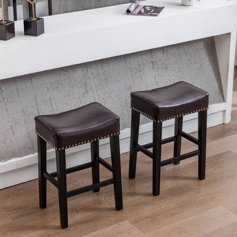 Bar Stools Set Of 2, Modern Pu Leather Nailhead Upholstered Saddle ...