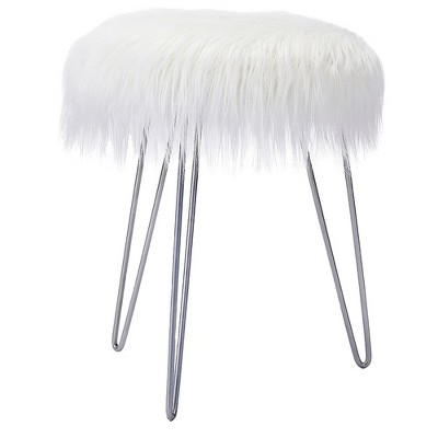 Birdrock Home Round Faux Fur Foot Stool Ottoman - White With Silver ...