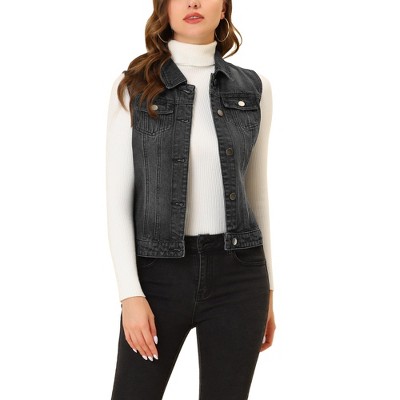 Allegra K Women's Buttoned Washed Denim Vest With Faux Chest Flap ...