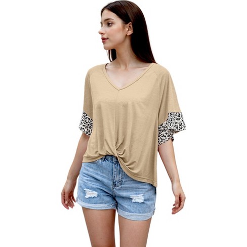 Anna-kaci Women's Gathered Front Knot Leopard Back Print Top- Medium ...