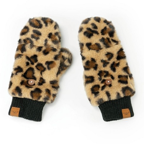 Britt's Knits Womens Snow Leopard Plush Mittens Winter Vegan Fur Cuffed ...