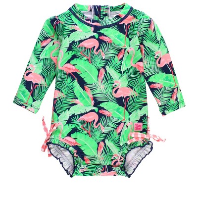 Rufflebutts Long Sleeve One Piece Rash Guard - Flamingo Frenzy, Size ...