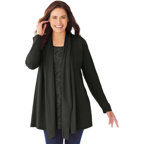 Woman Within Women's Plus Size 2-fer Cardigan & Lace Tunic - 1x, Black ...