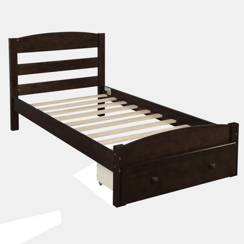 Twin Size Wood Platform Bed Frame With Storage Drawer And Slat Support ...