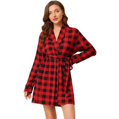 Allegra K Women's Plaid Robe Lounge Pajama V Neck Tie Waist Spa ...