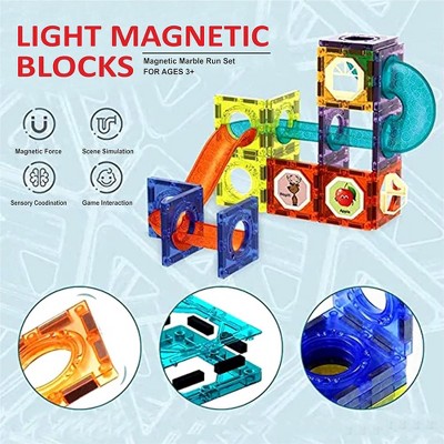49 Pieces Magnetic Tiles Marble Run Game with LED Ball, Imagination Toy ...