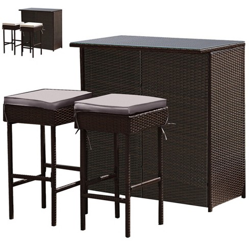 Tangkula 3pcs Rattan Patio Bar Table & Stool Set Dining Set W/ Gray ...