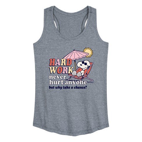 Women's Peanuts Snoopy On A Beach Hard Work Never Hurt Anyone Graphic ...