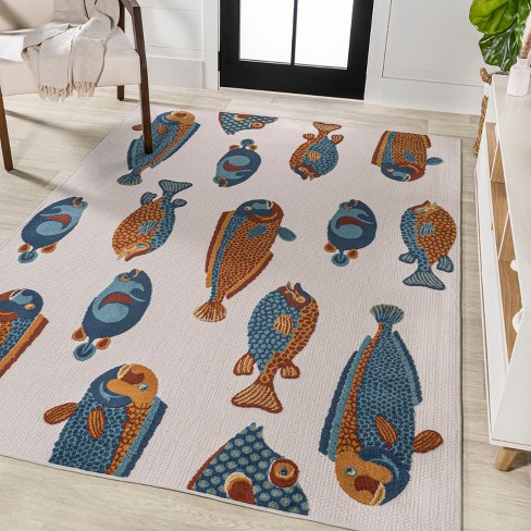 4' X 6' Algarve Modern Fish High-low Indoor/outdoor Area Rug, Navy ...