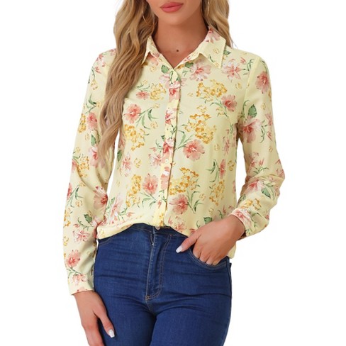 Allegra K Women's Point Collar Long Button Sleeve Button Down Floral ...
