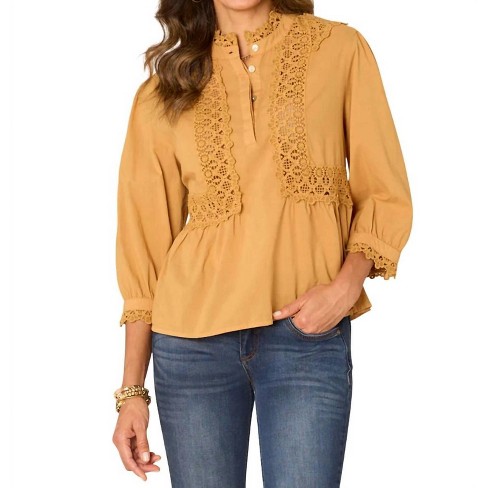 Women's Woven High Neck 3/4 Sleeve Crochet Lace Peplum Woven Top ...