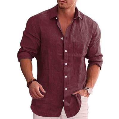 COOFANDY Men's Casual Button Down Shirt Long Sleeve Linen Chambray Shirt Red L : Target