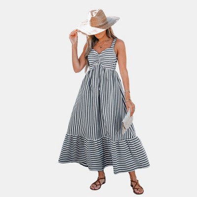 Women's Striped Ruched Maxi Dress -Cupshe-S-Gray : Target