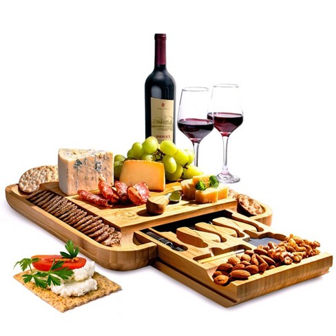 Bambusi Square Bamboo Cheese Board With Cutlery Set 4 Piece Knife Block ...