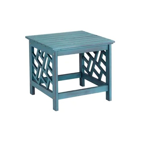 Four Seasons Courtyard 18 Inch Distressed Hardwood Portland Square Outdoor Patio End Table with Brushed Wire Finish 70 Pound Maximum Capacity Blue