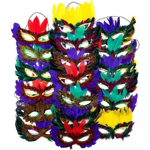 4e's Novelty 50 Pack Bulk Mardi Gras Masks With Feathers For Adult Men ...