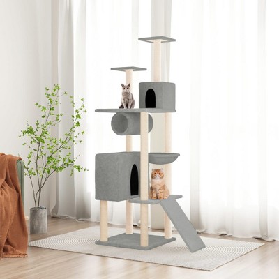 vidaXL Cat Tree Light Grey Engineered Wood, Plush, Sisal Tall Durable ...