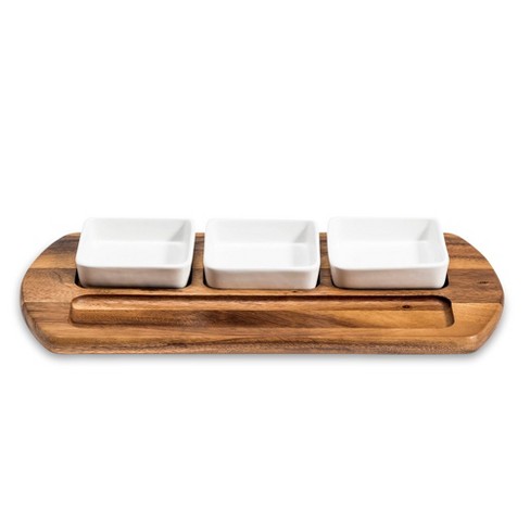 Kalmar Home Acacia Wood Charcuterie/ Serving Tray W/ 3 Square Ceramic ...