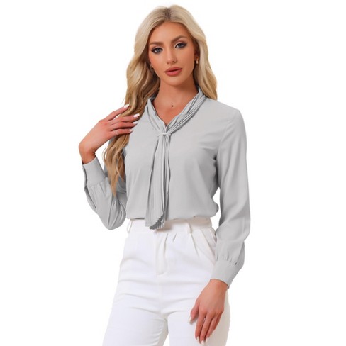 Allegra K Women's Long Sleeve Pleated Tie Neck Office Blouses Light ...