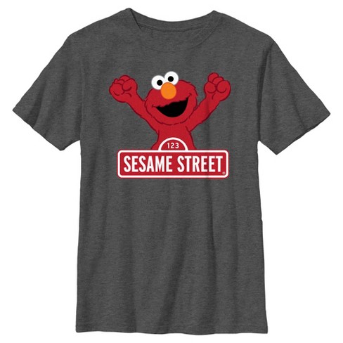 Boy's Sesame Street Elmo Red Logo Sign T-shirt - Charcoal Heather ...