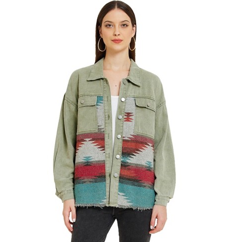 Allegra K Women's Denim Lapel Long Sleeve Vintage Shacket Jacket Green ...