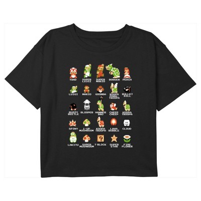 Girl's Nintendo Super Mario Bros Character Guide Crop T-shirt - Black ...