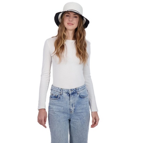 Tahari Women's Color Block Straw Bucket Hat With Fringe - Bucket Hat ...