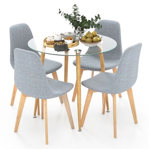 Tangkula 5 Pcs Dining Set Round Tempered Glass Table 4 Fabric Chairs ...