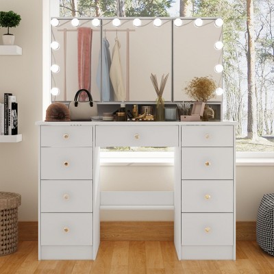 Famapy White Glass Top Table Vanity Table Vanity Desk With Lighting ...