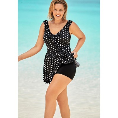 Swim 365 Women's Plus Size Faux-Wrap Swim Dress - 20, Black Hula Palm ...