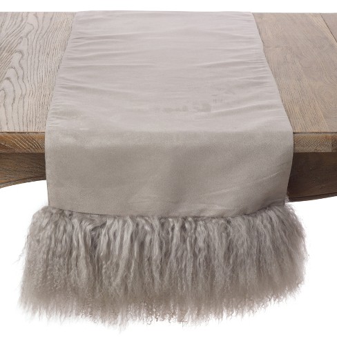 Saro Lifestyle Mongolian Wool Lamb Fur Trim Table Runner, 16"x72", Gray ...