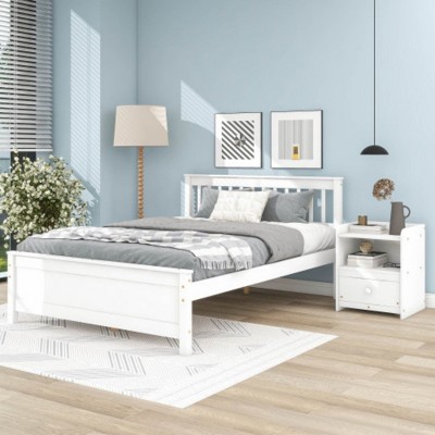 Compact Single Bed With Headboard, Footboard & White Nightstand : Target