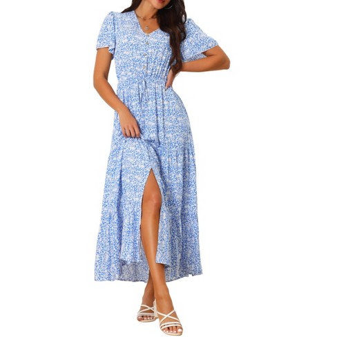 Seta T Women's Summer Casual V Neck Split Hem Short Sleeve Floral Maxi ...