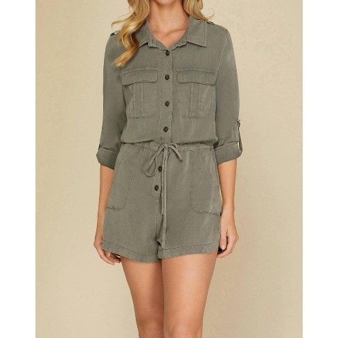 Women's Roll-up Sleeve Woven Buttoned Romper - She + Sky : Target