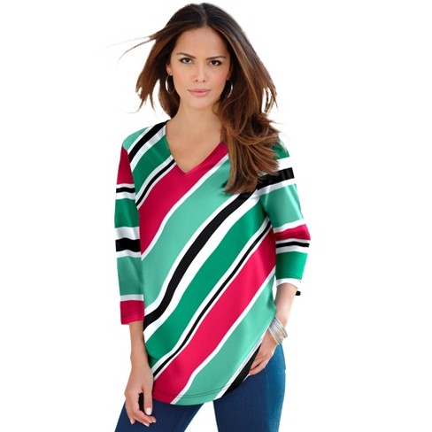 Roaman's Women's Plus Size Diagonal Stripe V-neck Tee : Target
